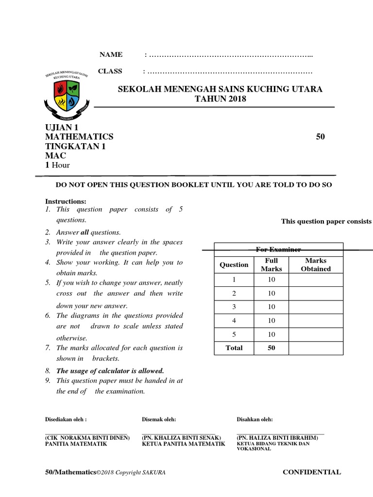 Ujian 1 Math f1 2018 | Download Free PDF | Volume | Elementary Mathematics