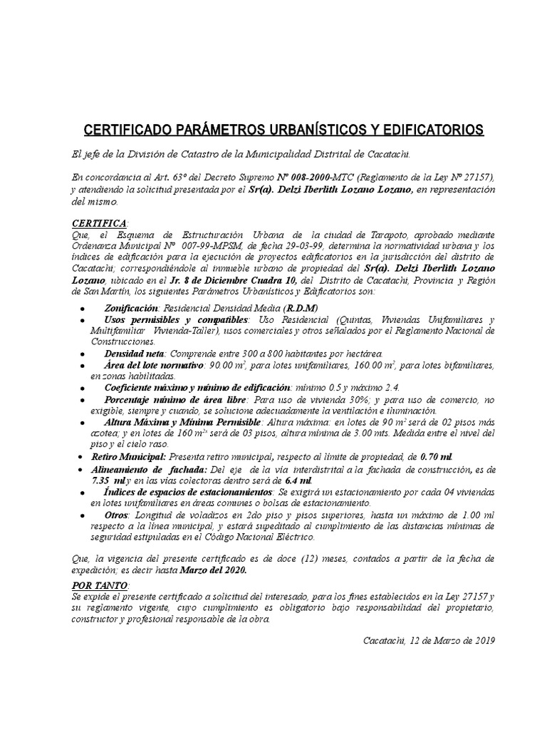 Modelo Certificado de Parametros Urbanisticos | PDF