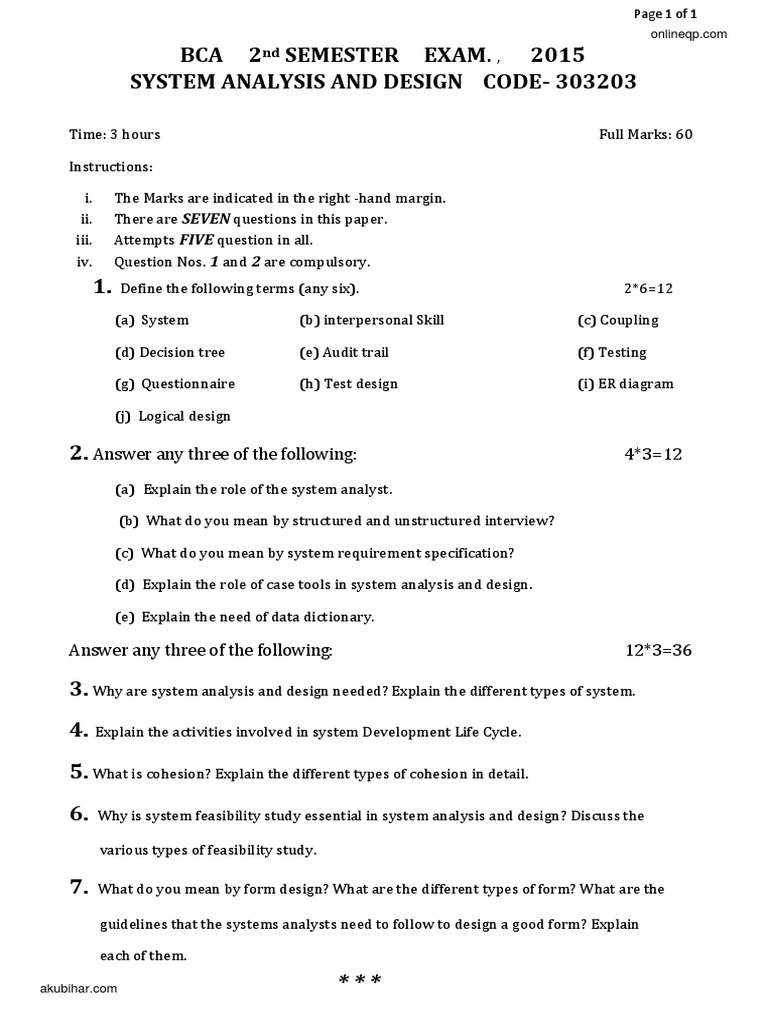 BCA 2nd Sem 2015 System Analysis Exam | PDF