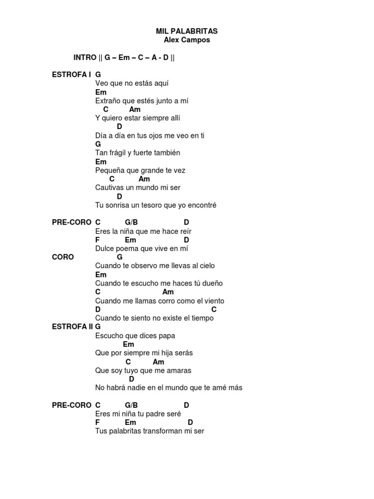 Letra de "Mil Palabritas" - Alex Campos | PDF | Entretenimiento (general)