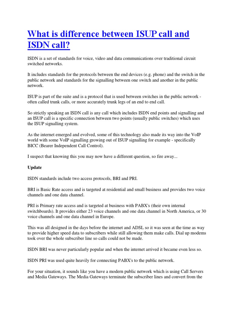 What Is Difference Between ISUP Call and ISDN Call?: Update | PDF | Voice Over Ip | Telephone ...