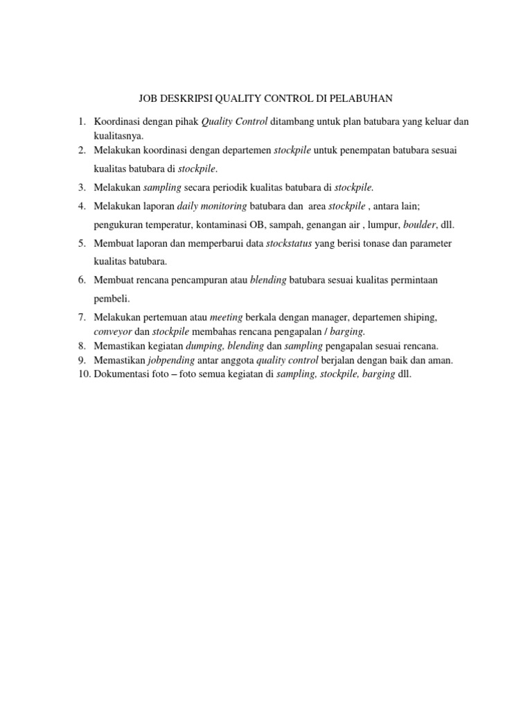 Job Deskripsi Quality Control Di Pelabuhan | PDF