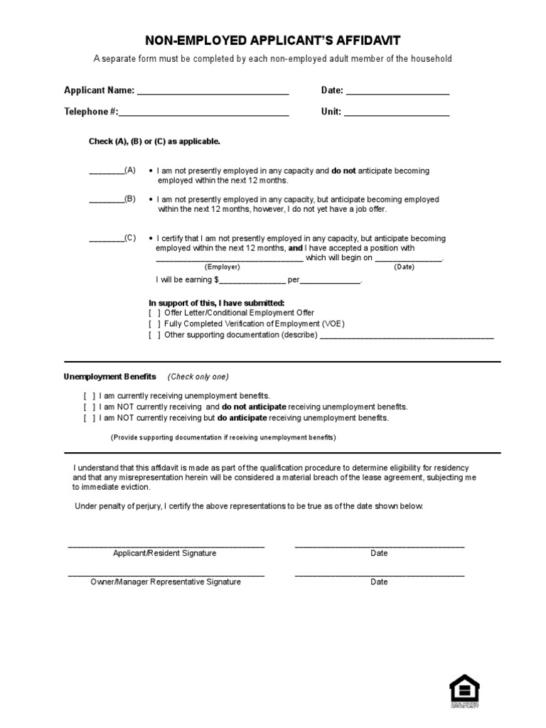 Non Employment Affidavit Form | PDF | Unemployment Benefits | Common Law