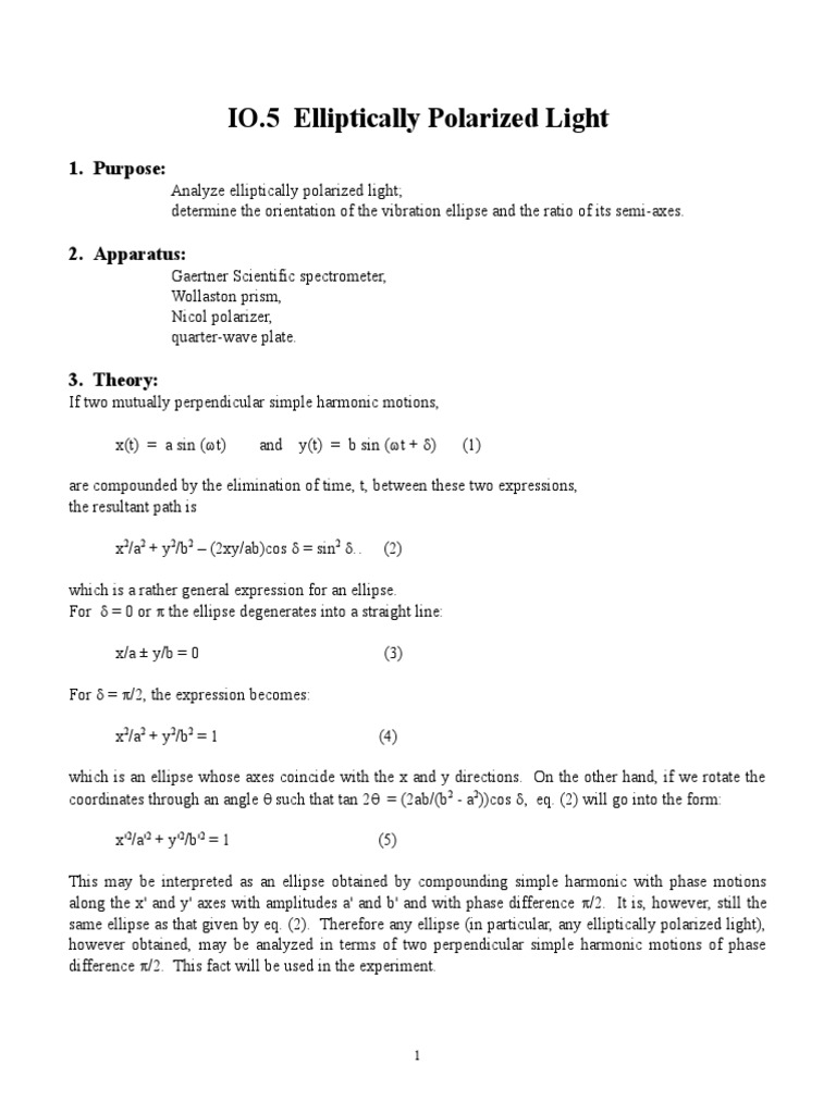 IO.5 Elliptically Polarized Light: 1. Purpose | PDF | Polarization ...