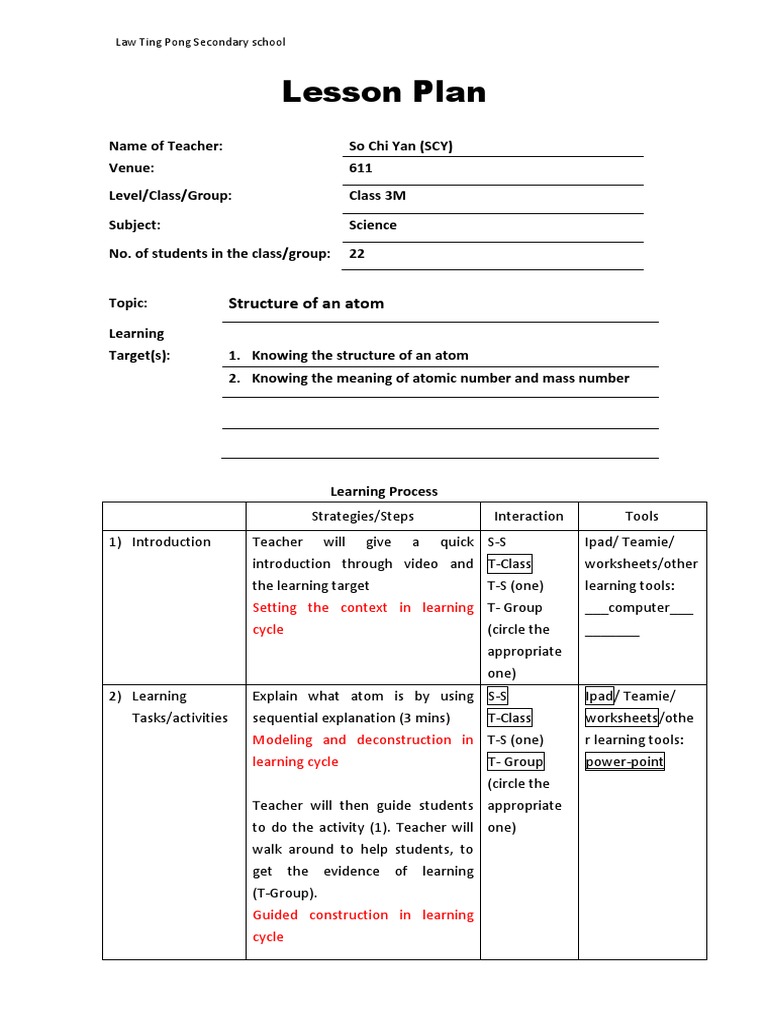 Class 3M Atomic Structure Lesson Plan | PDF | Atoms | Lesson Plan