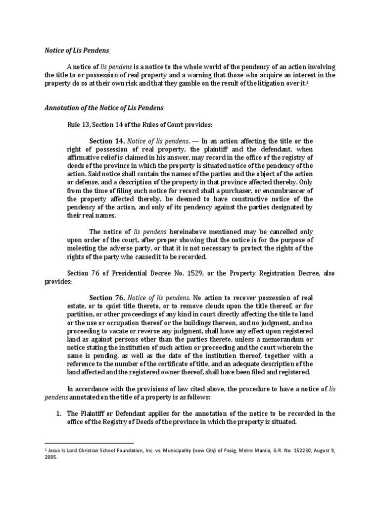 Section 14. Notice of Lis Pendens. - in An Action Affecting The Title ...