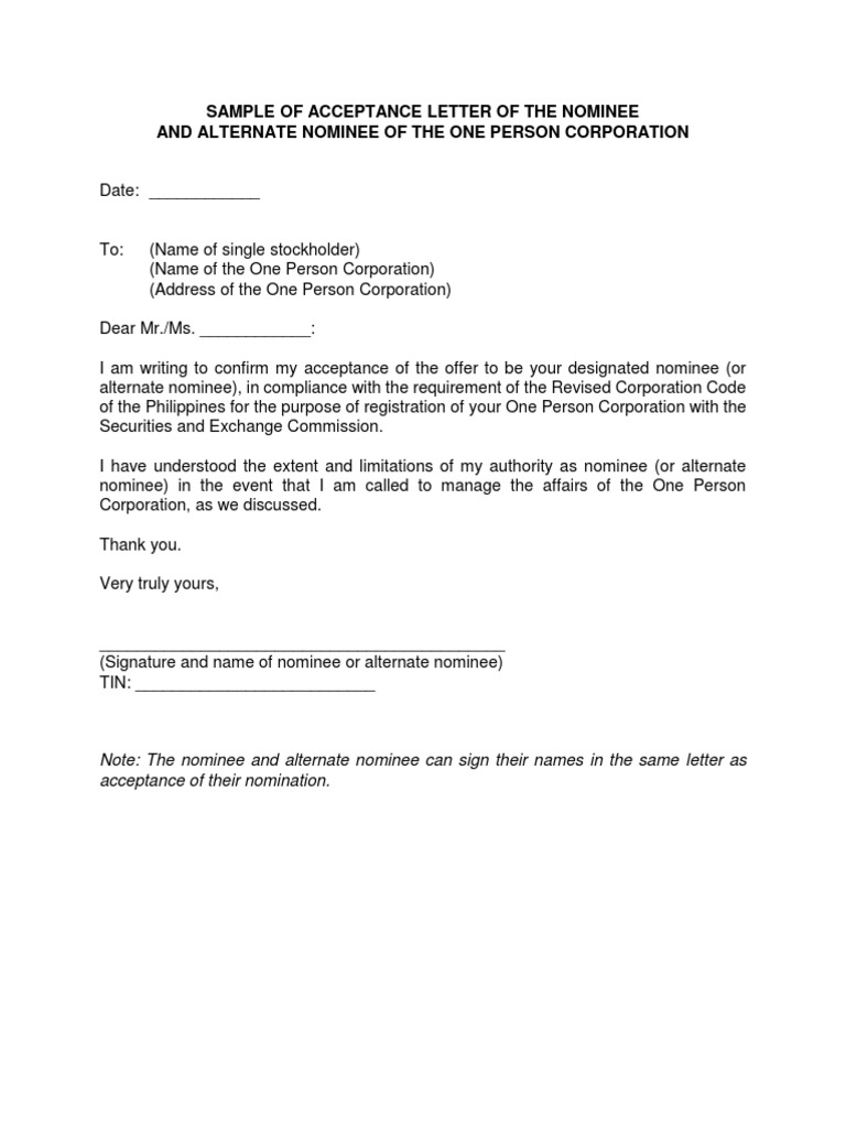 2019 Sample Acceptance Letter of Nominees | PDF