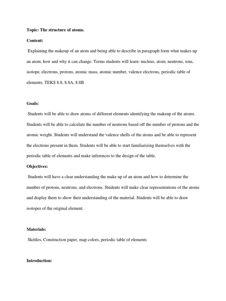 Atomic Structure Lesson Plan | PDF | Atoms | Chemical Elements