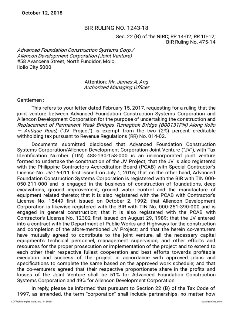 Bir Ruling No. 1243-18 - Jvs | PDF | Joint Venture | Taxation In The ...