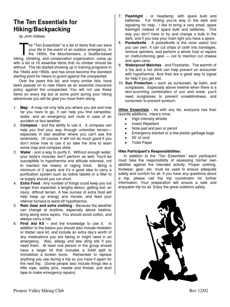 The Ten Essentials For Hiking/Backpacking: by John Klebes | PDF ...