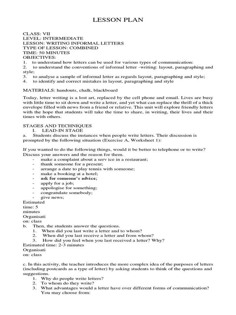 Lesson Plan - Informal Letter CLS 7 | PDF | Paragraph | Semiotics