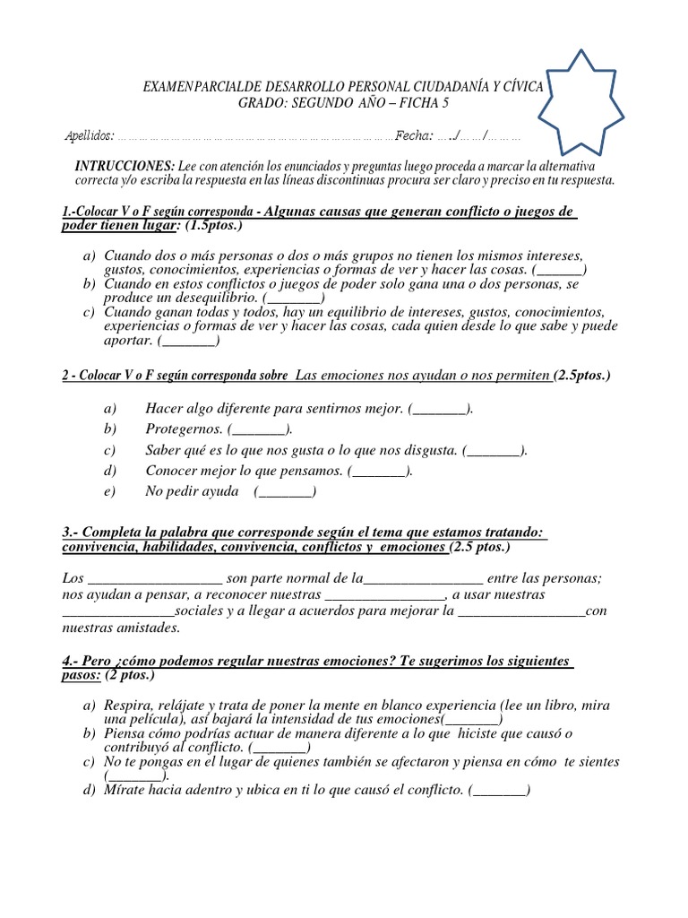 Evaluacion Ficha 5 DPCC SEGUNDO | PDF | Inteligencia emocional | Las emociones