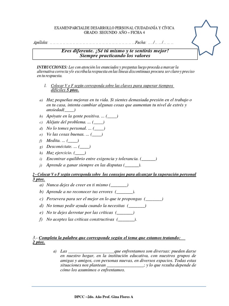 Evaluacion Ficha 4 DPCC SEGUNDO | PDF | Desarrollo personal | Conceptos psicologicos