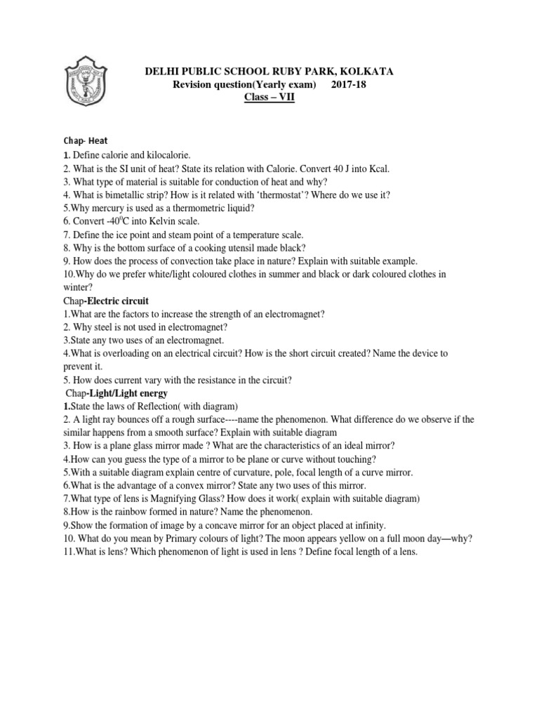 Physics Revision Sheet Class 7 | PDF | Mirror | Calorie