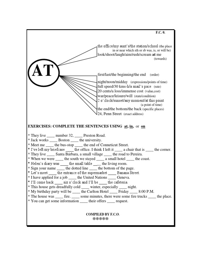 Exercises: Complete The Sentences Using At, In, or On | PDF
