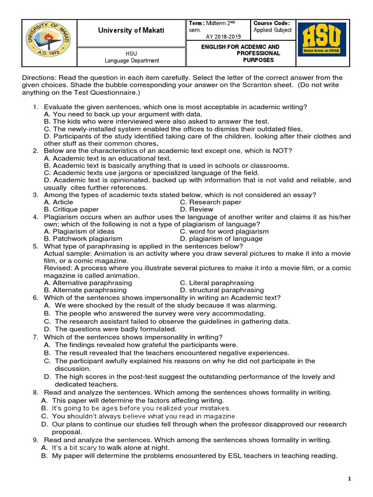 EAPP Midterm Exam Review Guide | PDF | Essays | Question