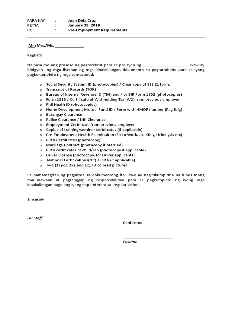 Pre-Employment Requirements in Tagalog | PDF | Career & Growth | Law