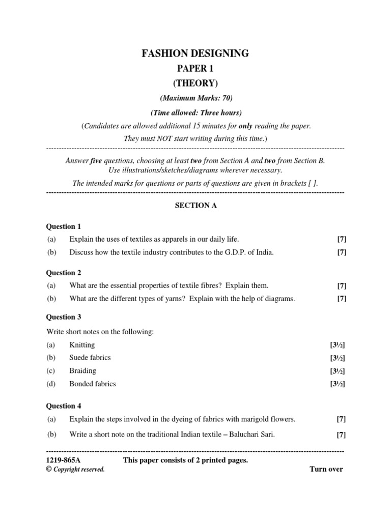 865a Fashion Designing 1 QP | PDF | Textiles | Textile Arts