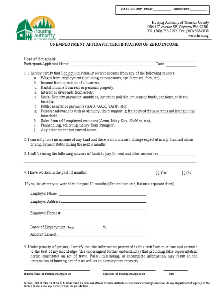 Unemployment Affidavit/Certification of Zero Income | PDF | Welfare ...
