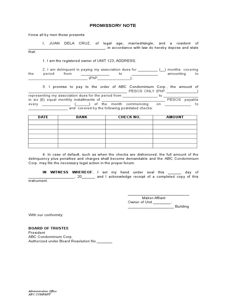 Promissory Note: Date Bank Check No. Amount | Download Free PDF ...