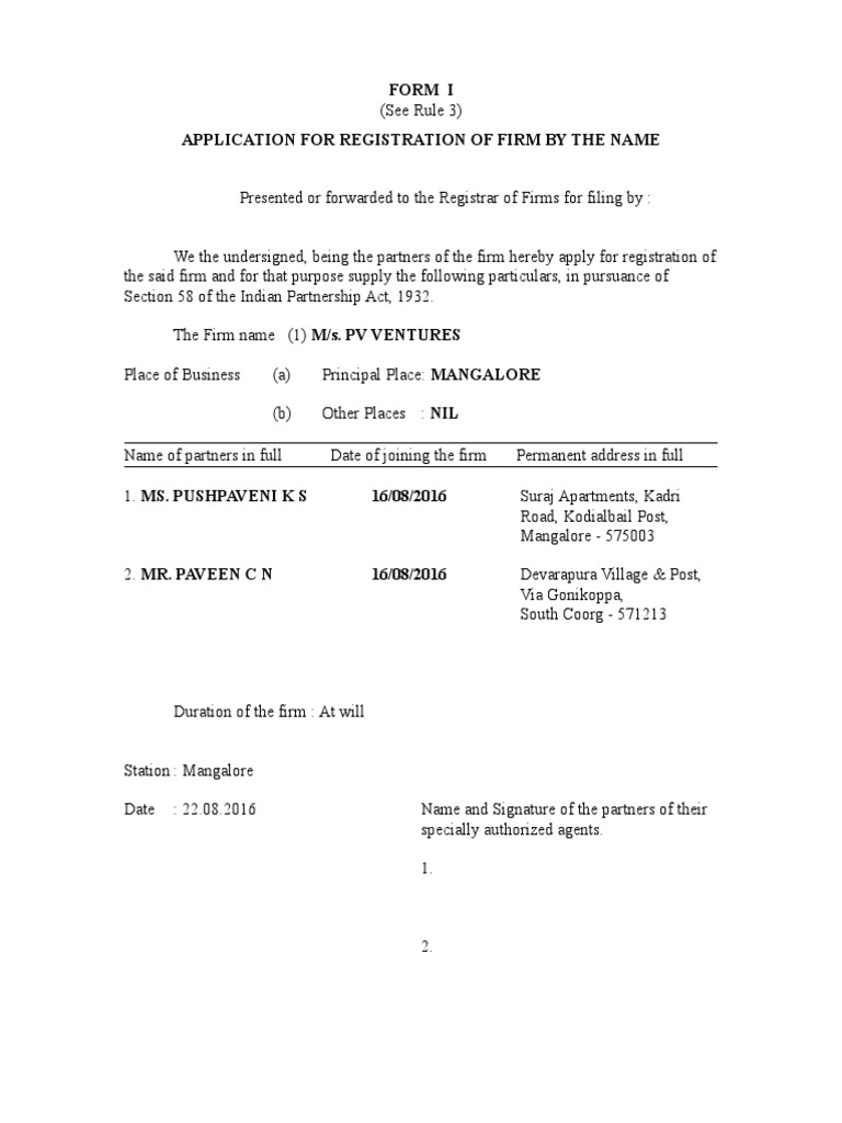 Form 01 Partnership Registration Form | PDF