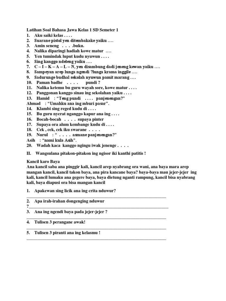Latihan Soal Bahasa Jawa Kelas 1 SD Semeter 1 | PDF