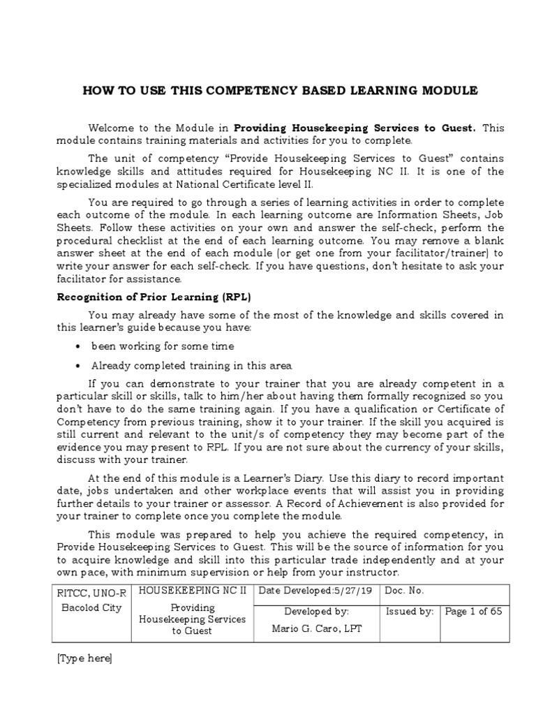 How To Use This Competency Based Learning Module: Recognition of Prior ...