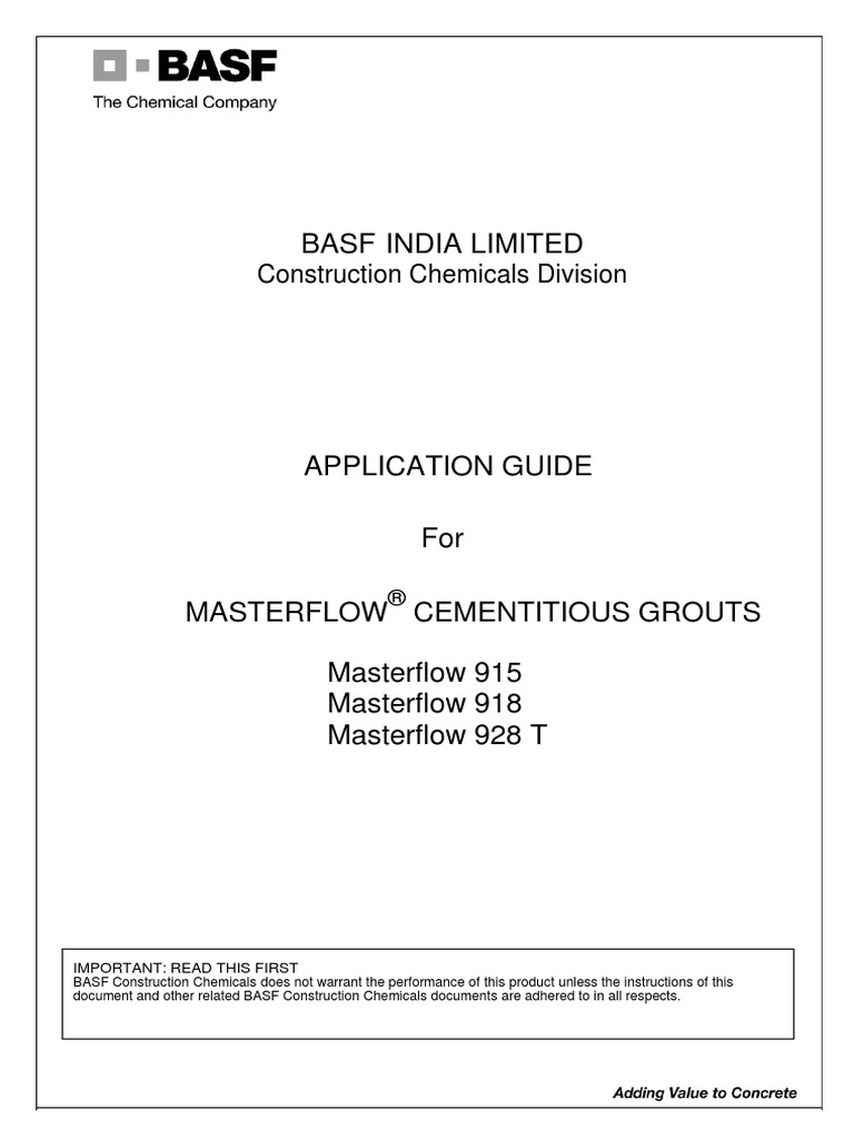 Application Guide Masterflow Cementitious Grout | PDF | Ice | Concrete