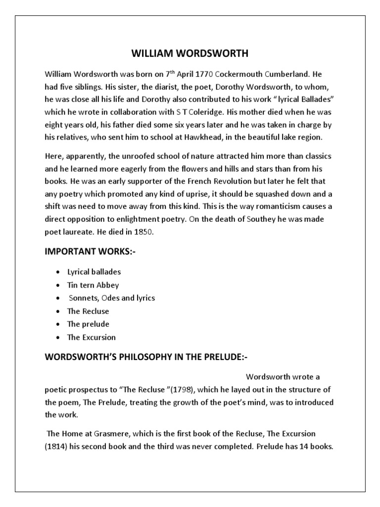 William Wordsworth: Important Works | PDF | William Wordsworth | Poetry