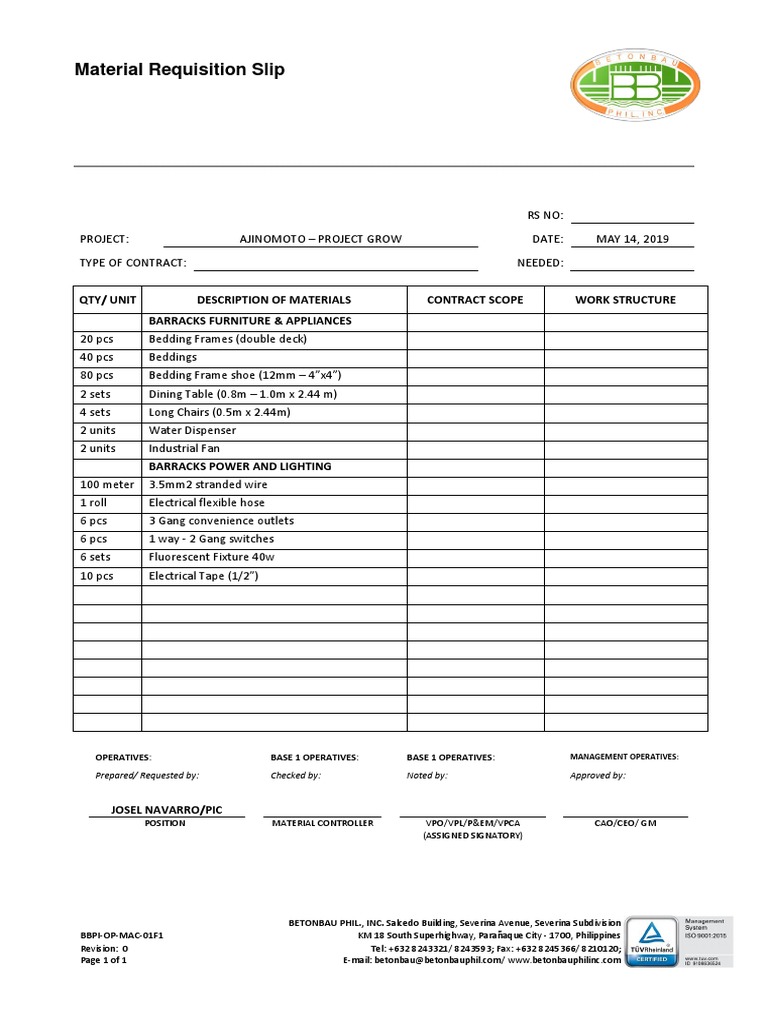 Material Requisition Slip for Project Grow | PDF