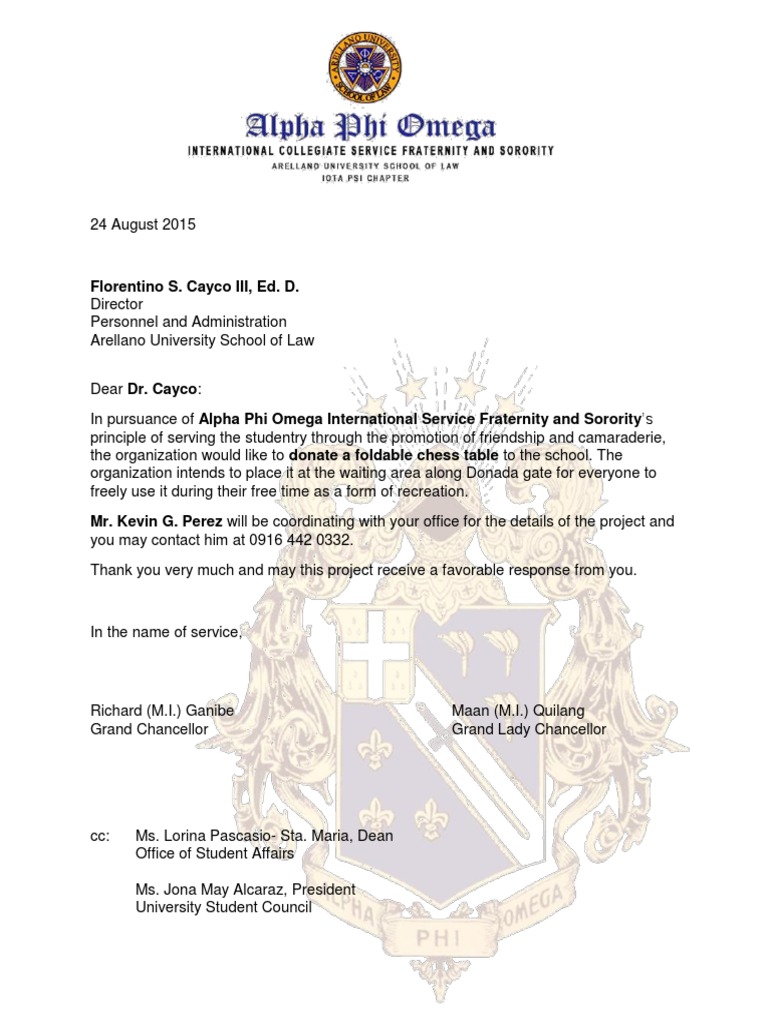 Letter To AUSL Re Donation of Chess Table | PDF