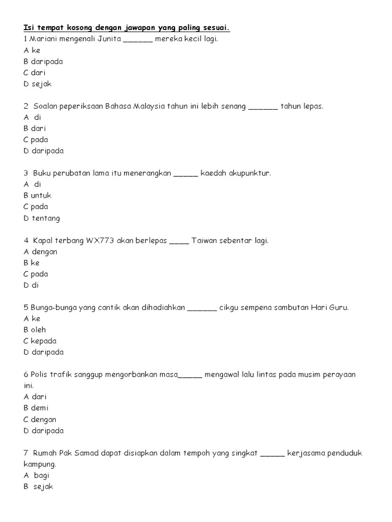 Isi Tempat Kosong Dengan Jawapan Yang Paling Sesuai | PDF
