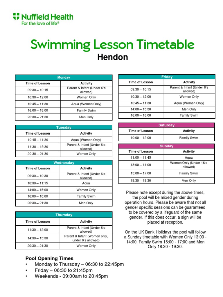 Hendon Swimming Timetable | PDF | Leisure | Sports