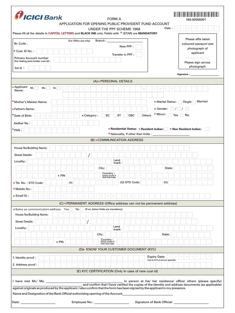 Form A Application For Opening Public Provident Fund Account Under The ...