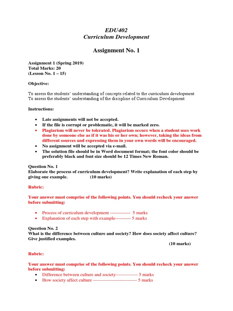 EDU402 Curriculum Development: Assignment No. 1 | PDF