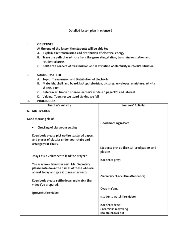 Science 9 Lesson Plan: Electricity Flow | PDF | Electric Power ...