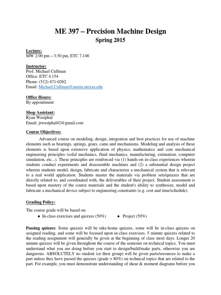 ME 397 - Precision Machine Design: Spring 2015 | PDF | Screw | Machines