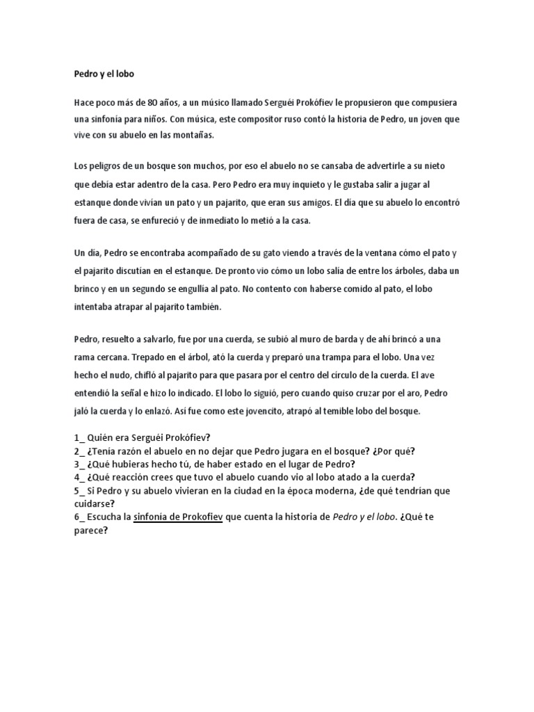 Comprension de Lectura Pedro y El Lobo | PDF