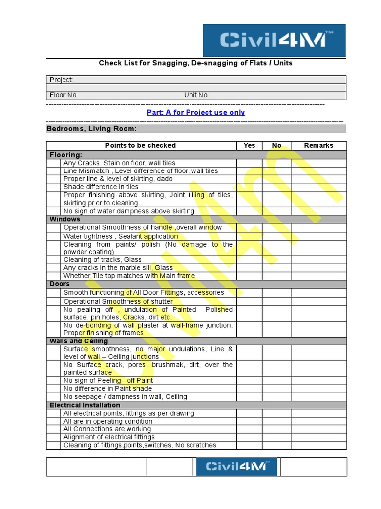 Check List For Snagging, De-Snagging of Flats / Units: Part: A For ...