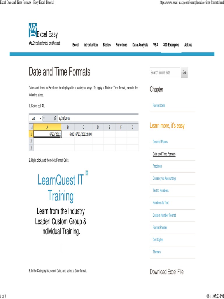 Excel Date and Time Formats - Easy Excel Tutorial | PDF | Microsoft Excel | Application Software