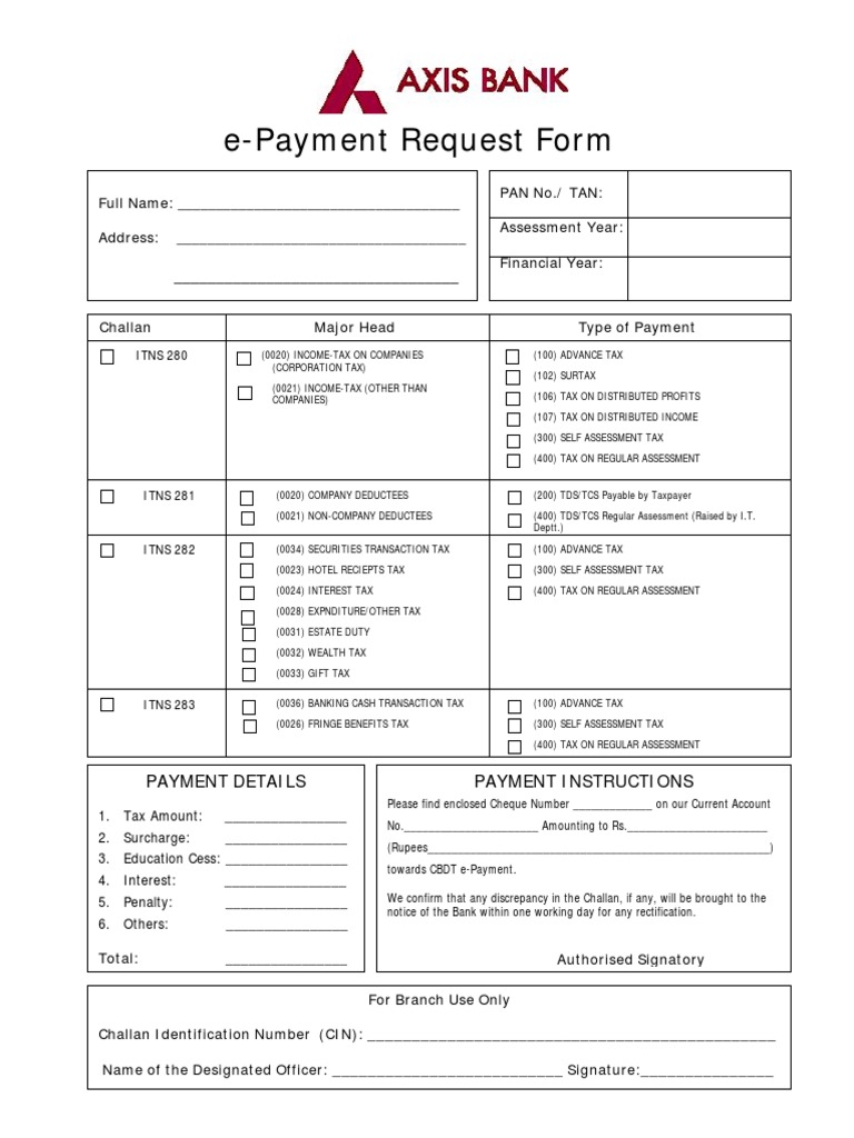 Axis TDS Challan Form PDF | Payments | Taxes