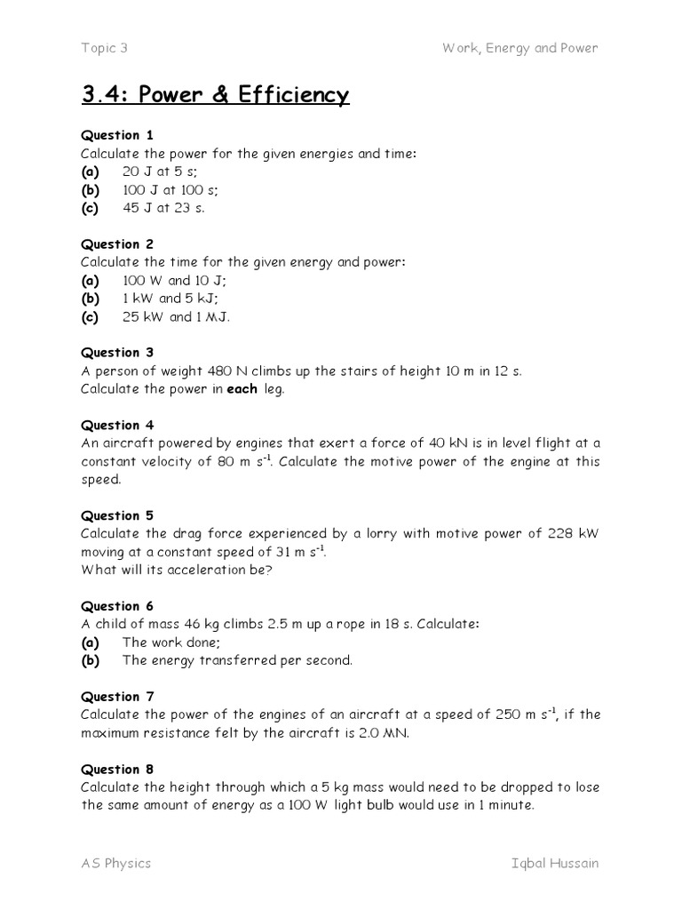 3.4 Power & Efficiency | PDF | Power (Physics) | Engines