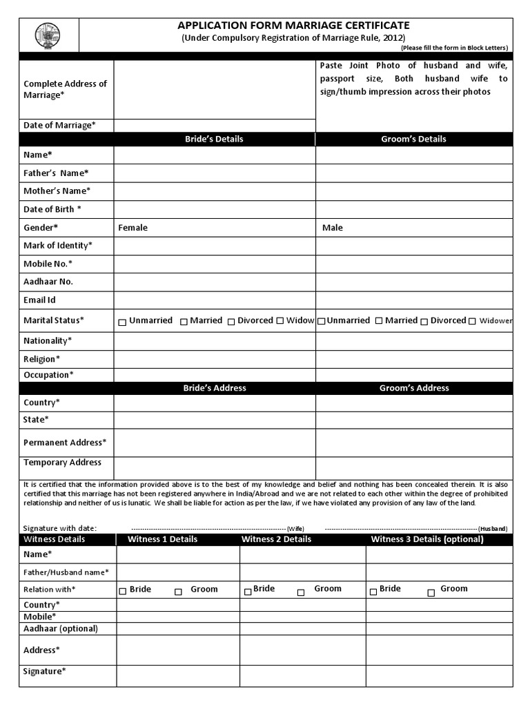 Form For Marriage Certificate | PDF | Identity Document | Husband