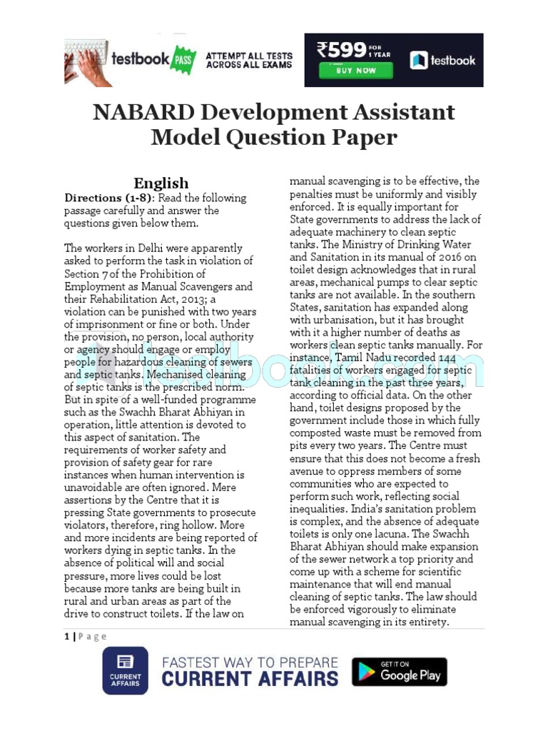 NABARD Development Assistant Model Question Paper | PDF | Toilet ...