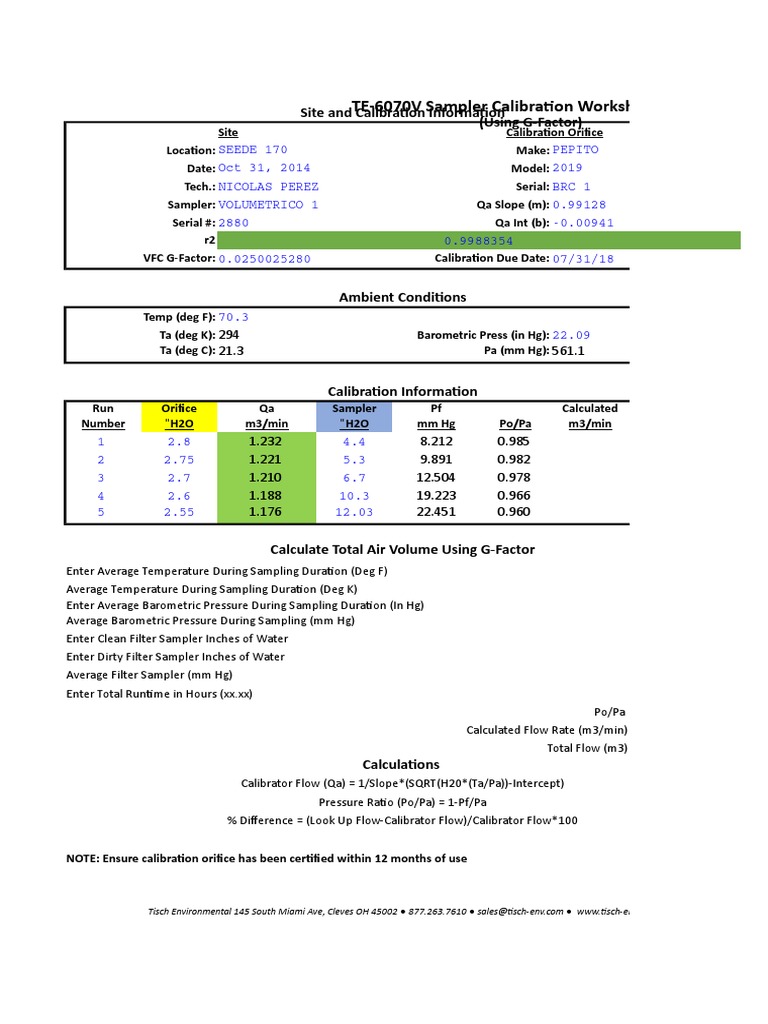 TE-6070V Sampler Calibration Worksheet: Site and Calibration ...
