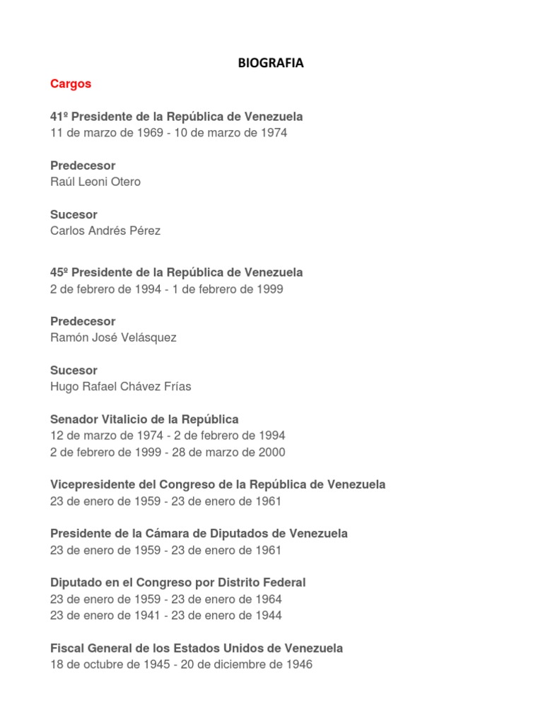 Biografía Rafael Caldera Presidente de Venezuela | PDF | Venezuela ...