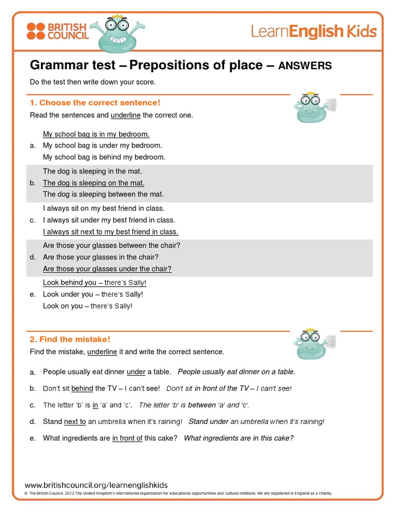 Grammar Practice Prepositions of Place Answers | PDF