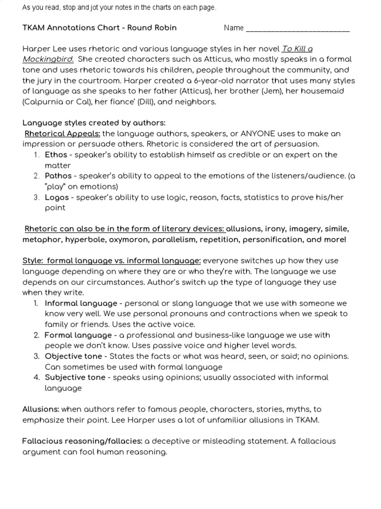 Mary Dingle - 1 Tkam Annotations Chart | PDF | To Kill A Mockingbird ...