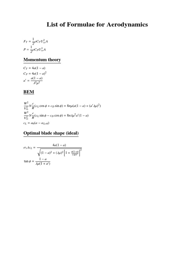 List of Formulae For Aerodynamics: Momentum Theory | PDF