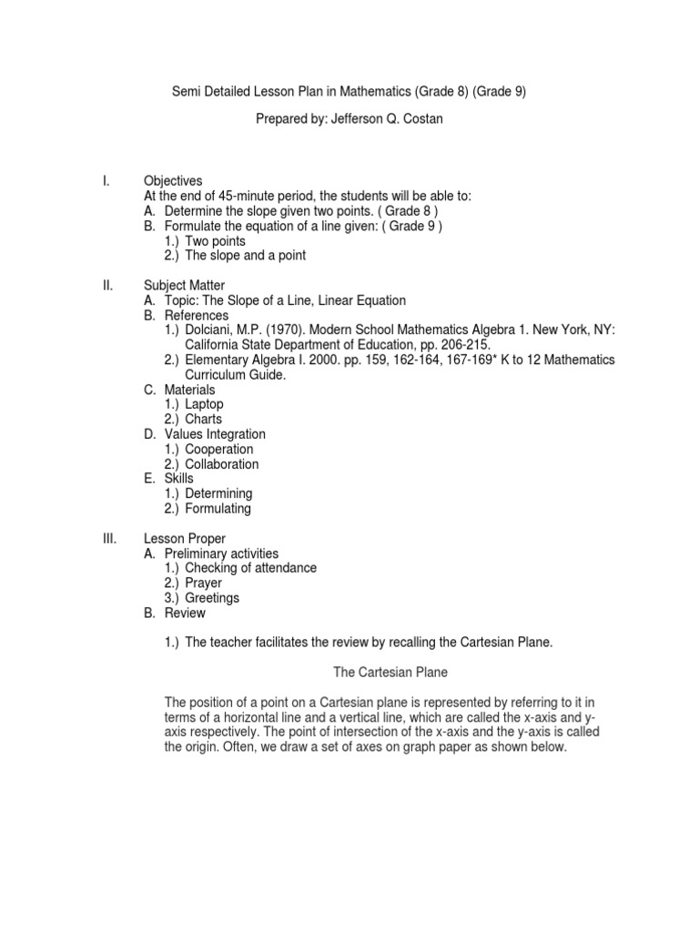 Semi Detailed Lesson Plan in Mathematics 1 | PDF | Cartesian Coordinate ...